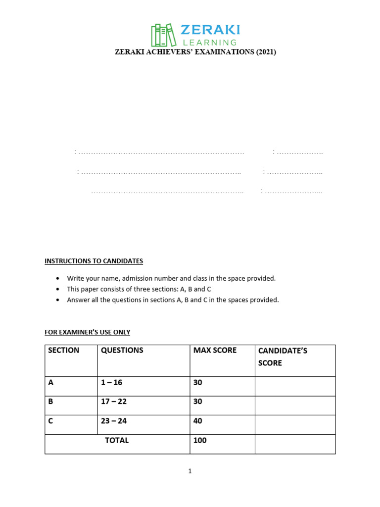 Agriculture Form 2 Question Paper Zeraki Achievers 4.0 - November 2021 ...