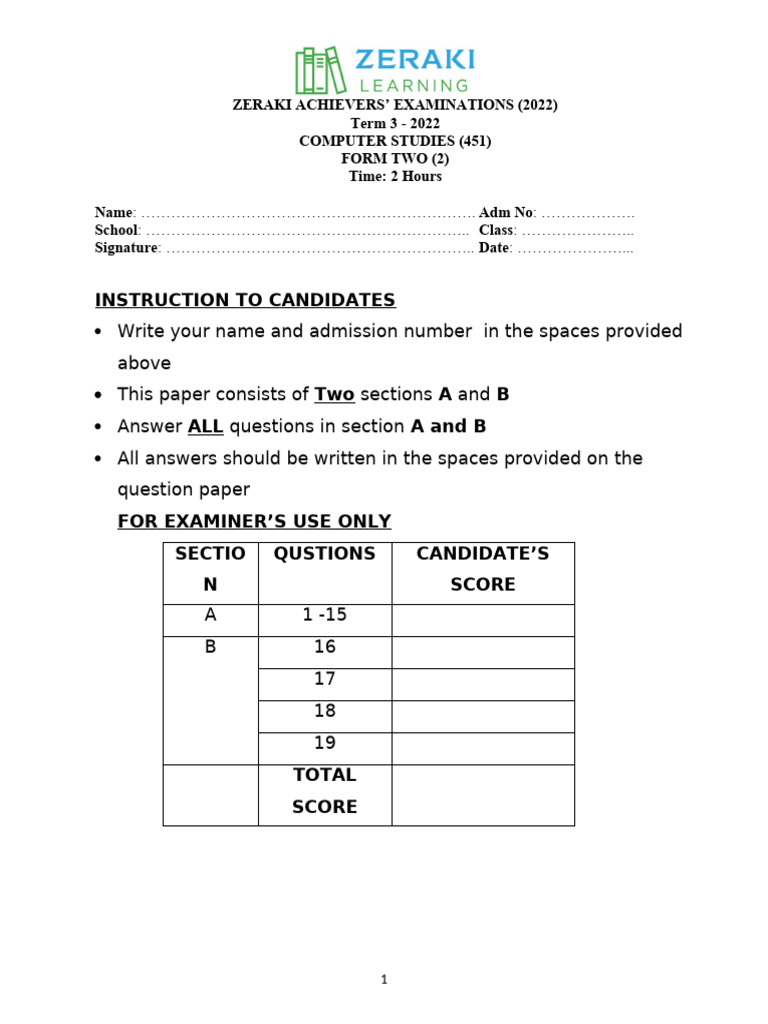 Computer Form 2 (Updated) Question Paper Zeraki Achievers 8.0 ...