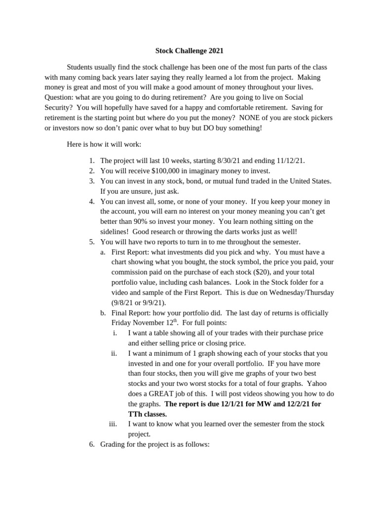 Stock Challenge 2021 Guidelines | PDF | Stocks | Investing