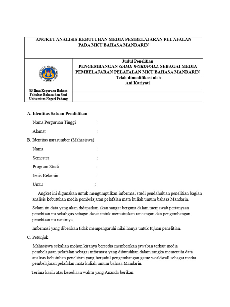 Angket Analisis Kebutuhan Media Pembelajaran Pel Afalan | PDF