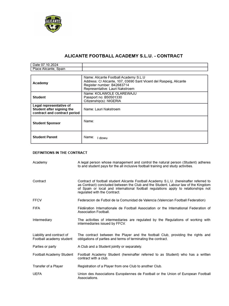KOLAWOLE OLAREWAJU - Football Player Contract 2024 | PDF | Arbitration ...