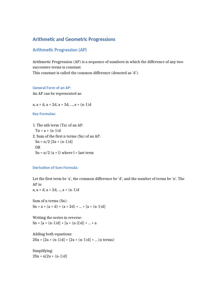 Arithmetic and Geometric Progressions Notes | PDF | Mathematics ...