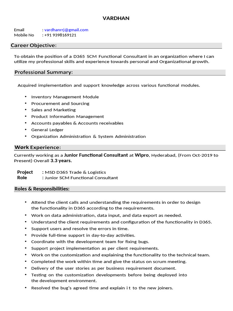 Resume VARDHAN SCM FUNCTIONAL CONSULTANT MS D365 | PDF | Supply Chain Management | Business