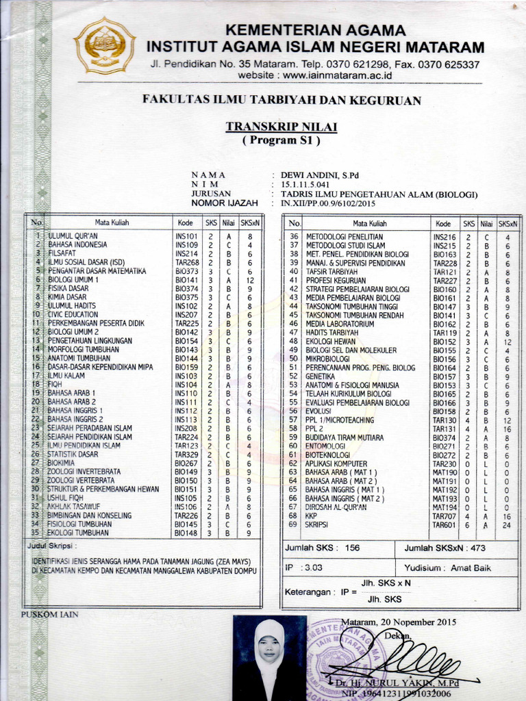 Transkrip Nilai Dewi | PDF