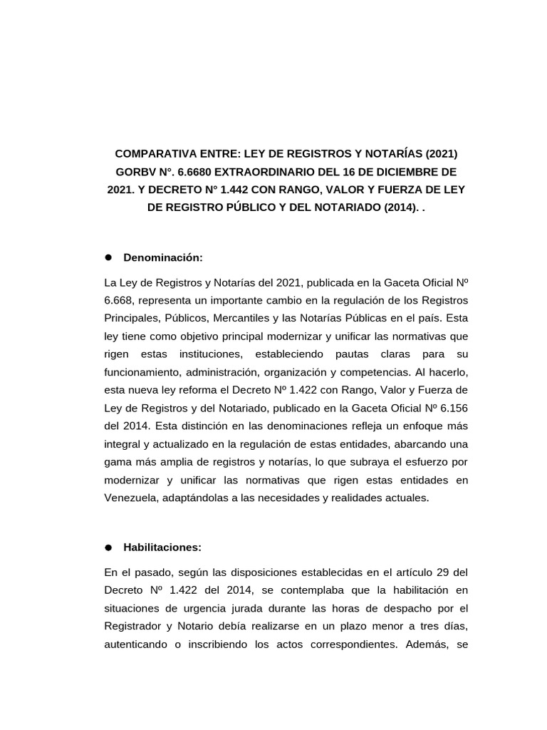 COMPARATIVA ENTRE: LEY DE REGISTROS Y NOTARÍAS (2021) GORBV N°. 6.6680 EXTRAORDINARIO DEL 16 DE ...