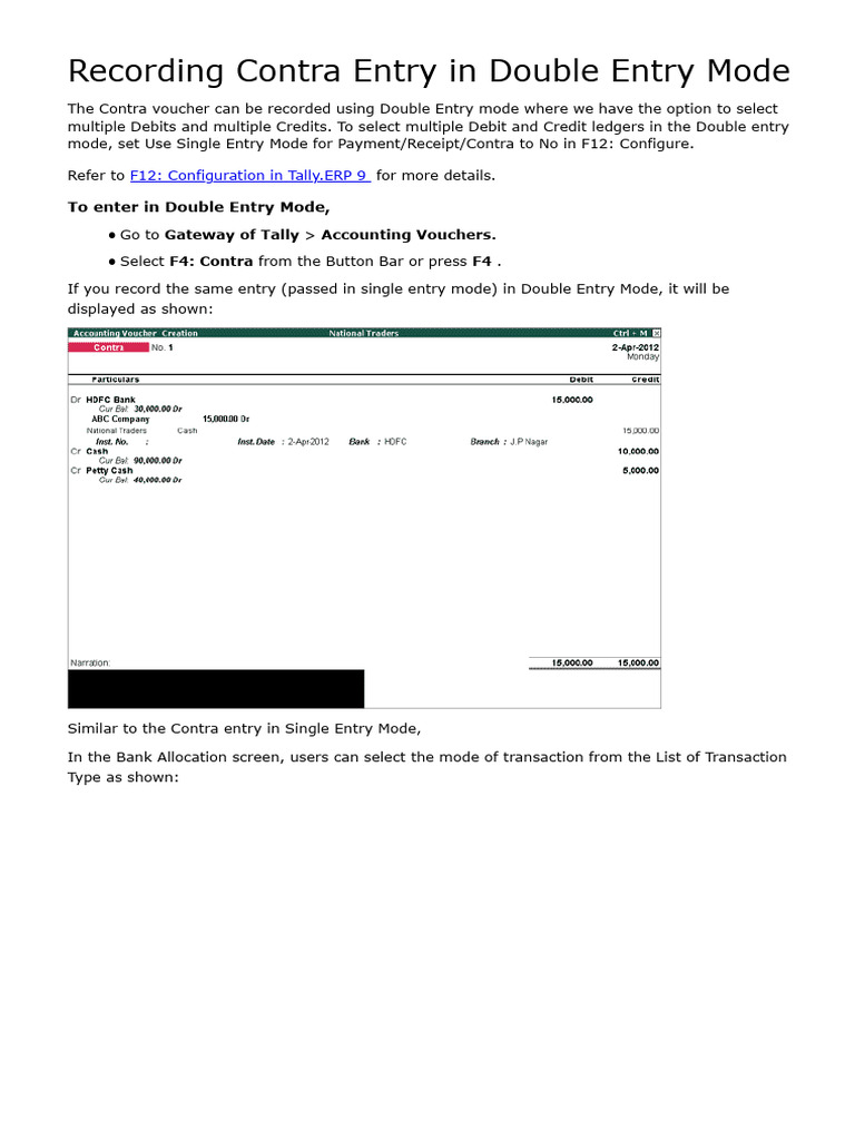Recording Contra Entry in Double Entry Mode | PDF