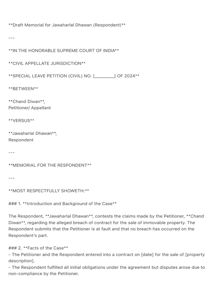 Draft Memorial For Jawaharlal Dhawan (Respondent) | PDF | Breach Of Contract | Specific Performance
