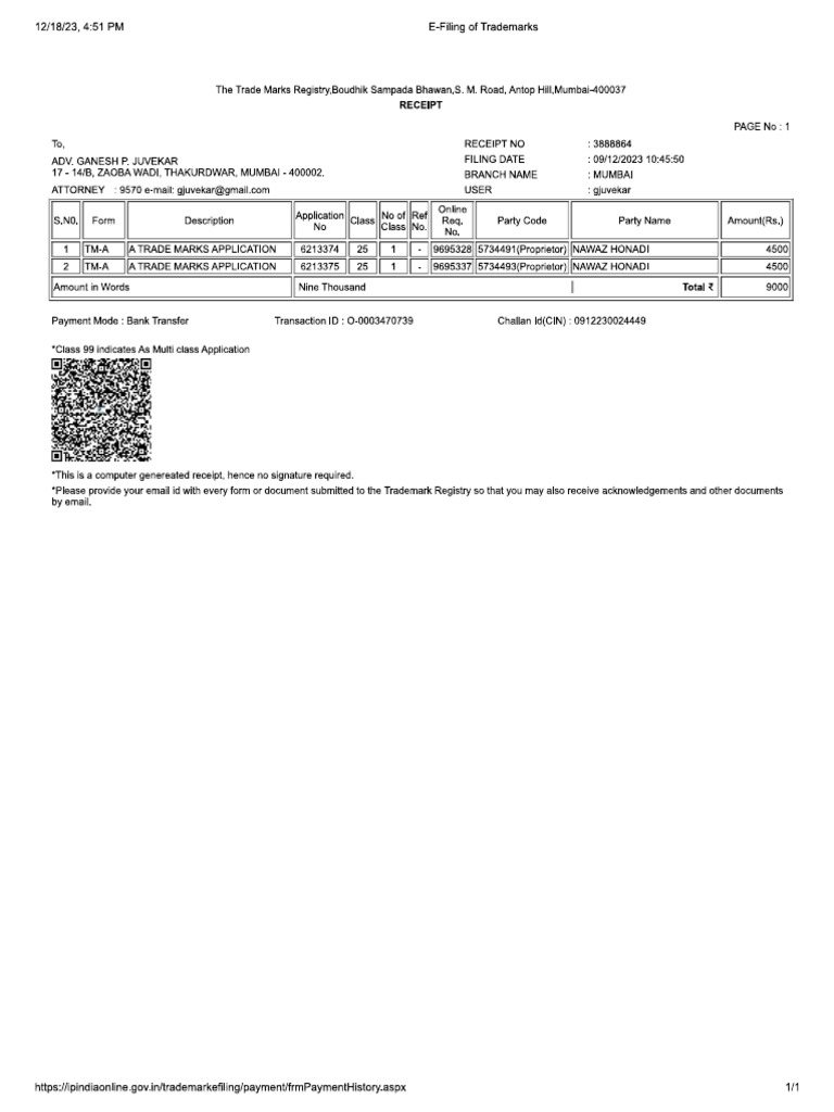 TM Receipt - Filing of TM Applications - 'Famous Corner by Nawaz Honadi ...