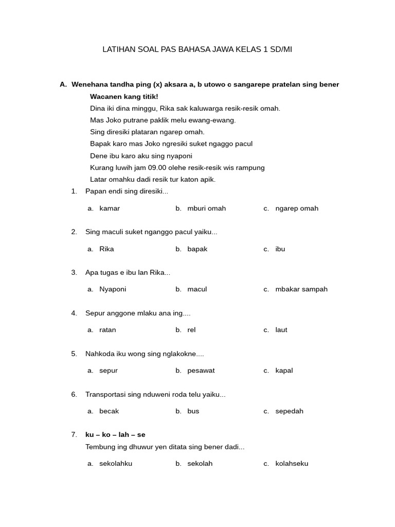Latihan Soal Pas Bahasa Jawa Kelas 1 SD | PDF