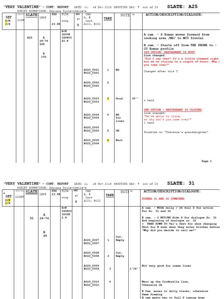 Cont Report - SHOOTING ORDER - DAY7 | PDF