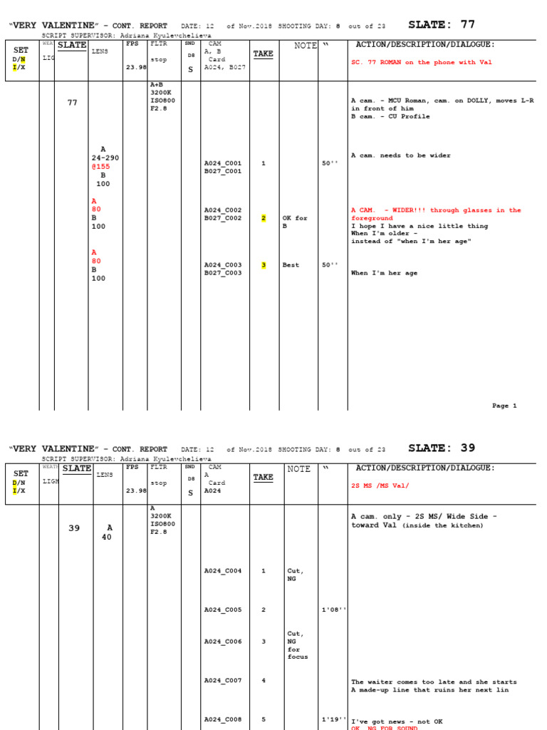 Cont Report - SHOOTING ORDER - DAY8 | PDF
