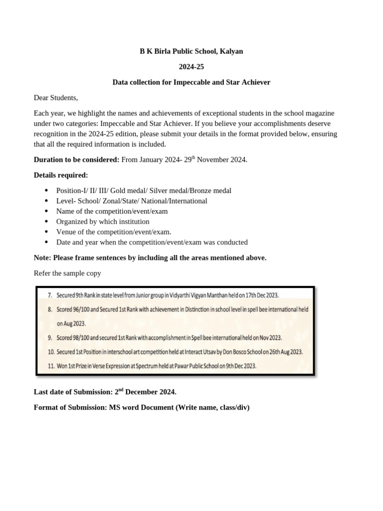 Collection of Data For Impeccable and Star Achiever Recognition | PDF