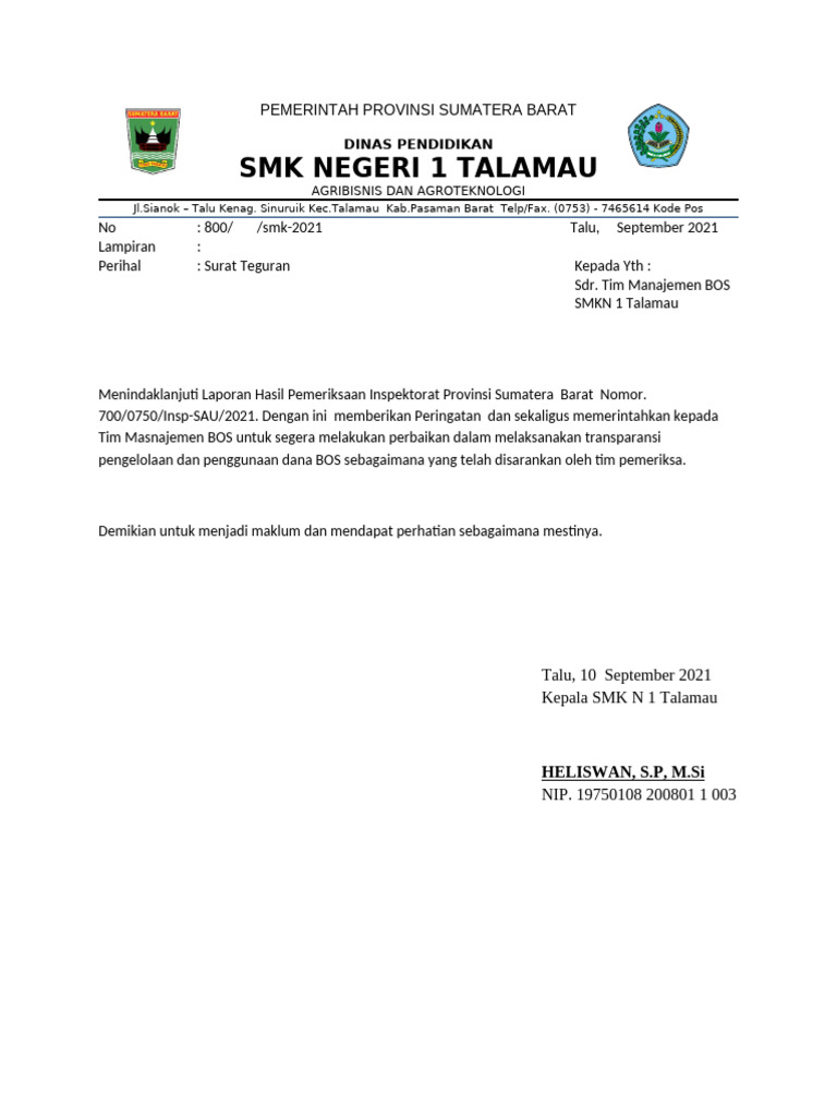 Surat Teguran Pengelolaan Dana BOS SMKN 1 Talamau | PDF