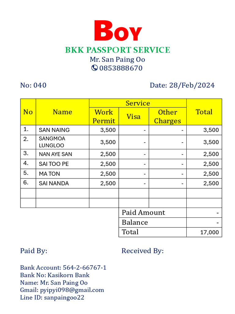 BKK Passport Service: Mr. San Paing Oo 0853888670 No: 040 Date: 28/feb/2024 | PDF
