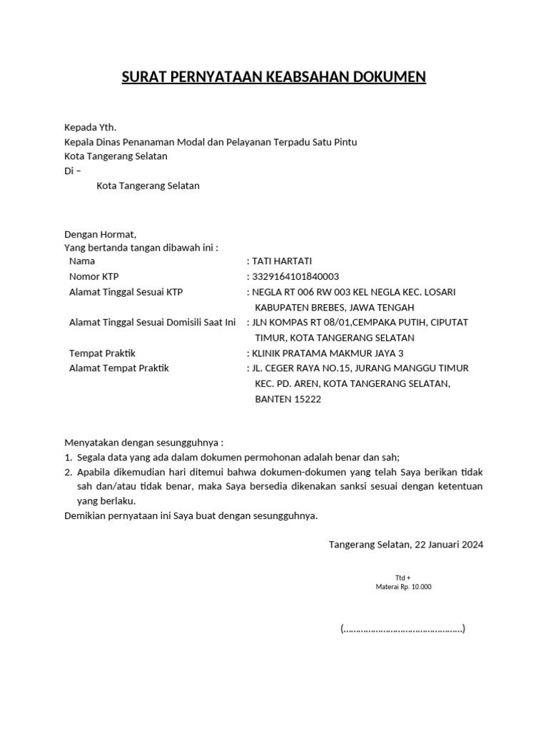Surat Pernyataan Keabsahan Dokumen | PDF