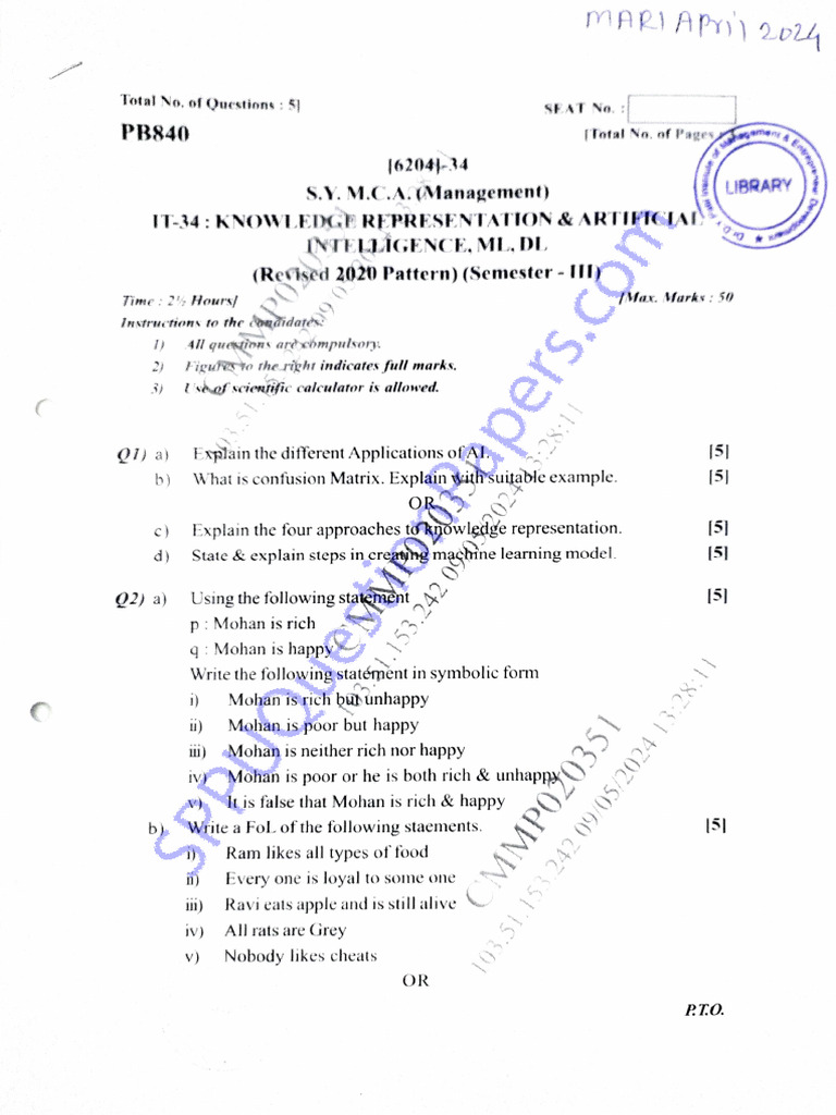 Postgraduate PG - Master Computer Applications Mca - Semester 3 - 2024 - May - Knowledge ...