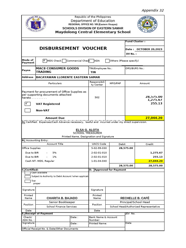 Appendix 32 - Disbursement Voucher DV - For School Use Office Supplies ...