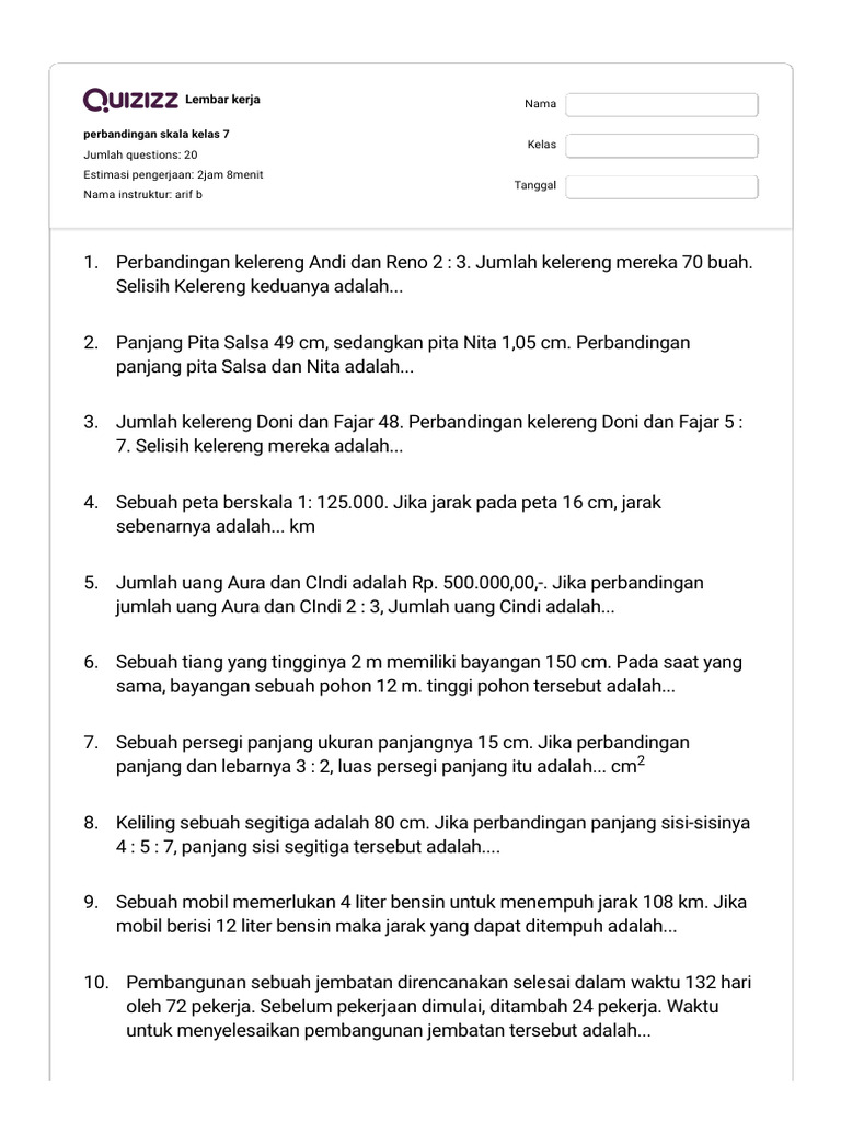 Perbandingan Skala Kelas 7 - Quizizz | PDF