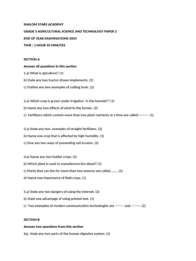 Grade 5 Agric Scie Paper 2 | PDF | Fertilizer | Plants