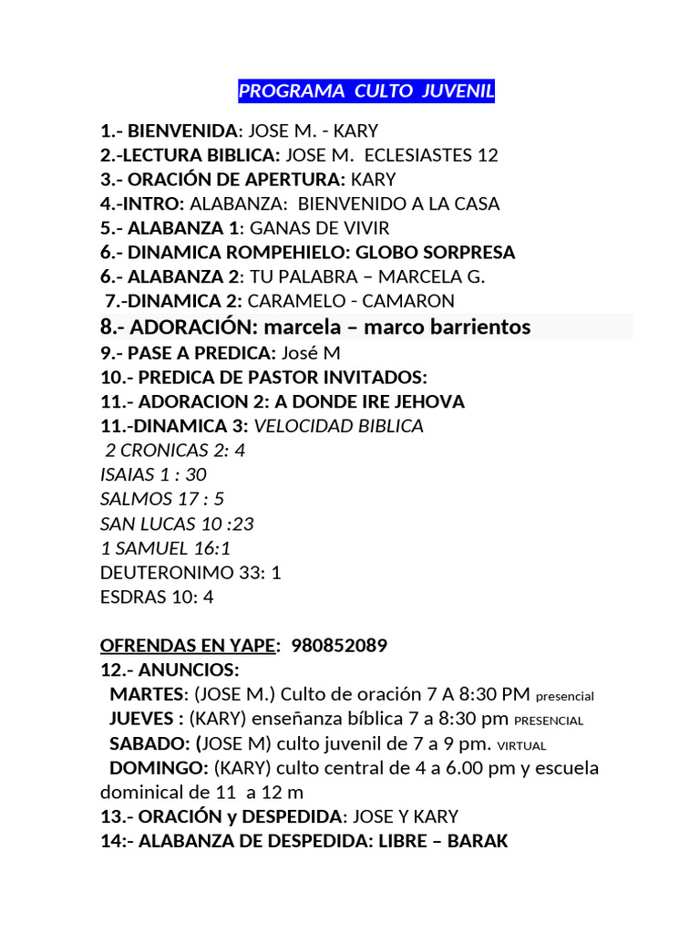 Programa Culto Juvenil 22 Mayo | PDF