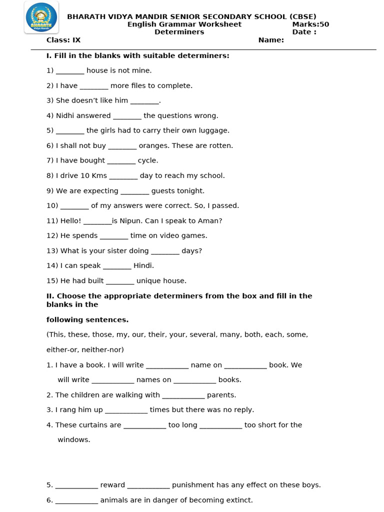 Class IX English Grammar Worksheet | PDF