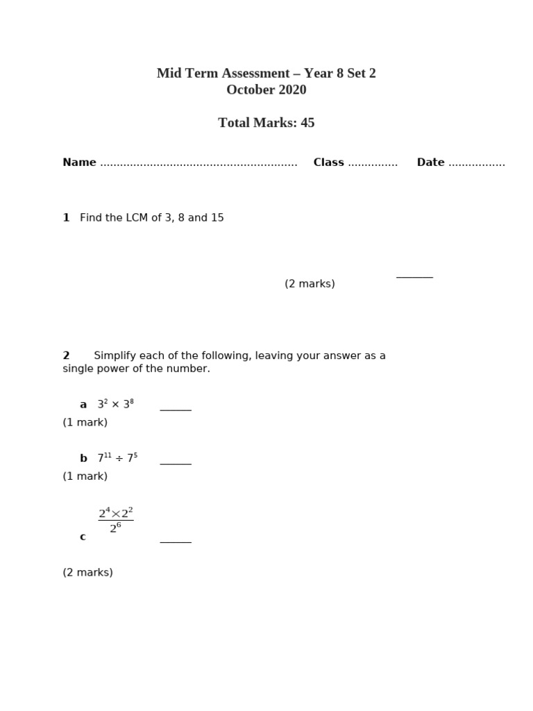 Mid Term Assessment - Year 8 Set 2 October 2020 Total Marks: 45 | PDF ...