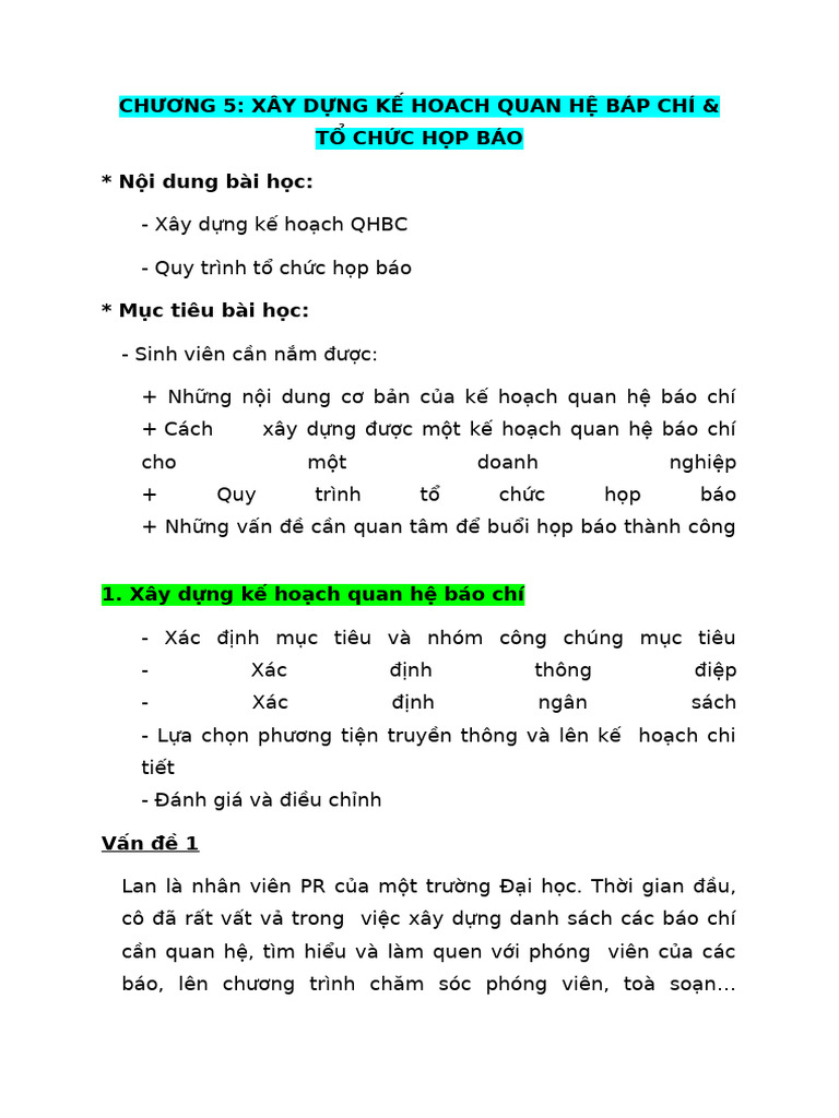 QHCC CHƯƠNG 5 Xây dựng kế hoạch quan hệ báo chí & Tổ chức họp báo | PDF