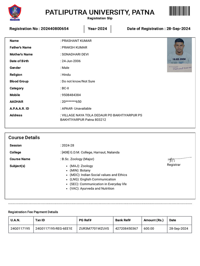 24G0117195 - 202440800654 - Registration Slip | PDF