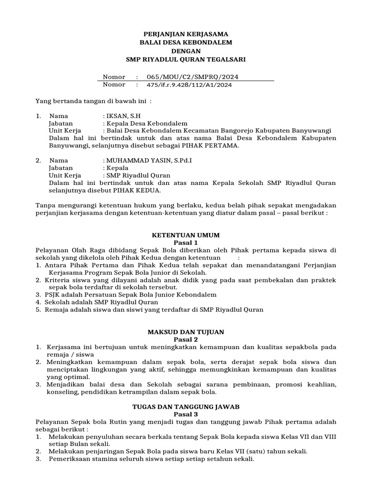 MOU Baldes Kebondalem Sepak Bola SMP RIYADLUL QURAN | PDF