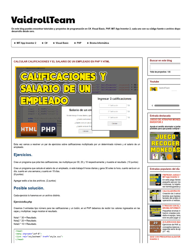 PHP y HTML - CSS - FORM - IF - CALCULA CALIFICAS y SALARIO DEL EMPLEADO - VaidrollTeam | PDF ...