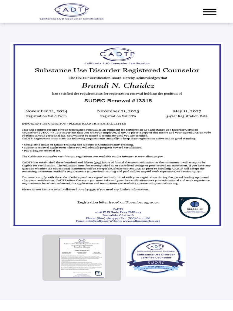SUDRC Renewal - Brandi N. Chaidez - CADTP Digital Credential | PDF ...