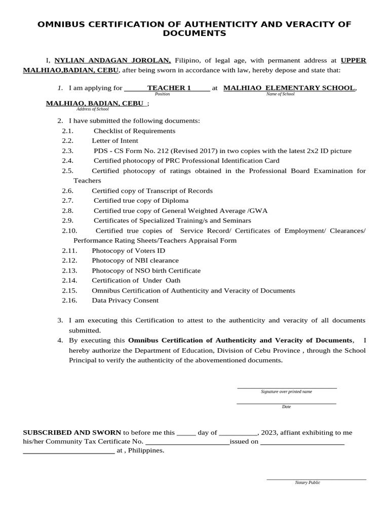 Omnibus Certification | PDF | Government And Personhood | Access Control