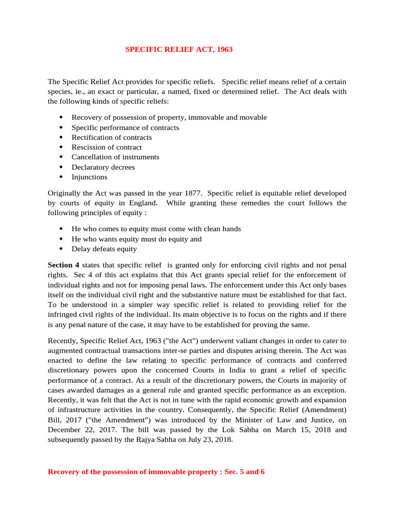 Overview of the Specific Relief Act, 1963 | PDF | Legal Remedy | Injunction