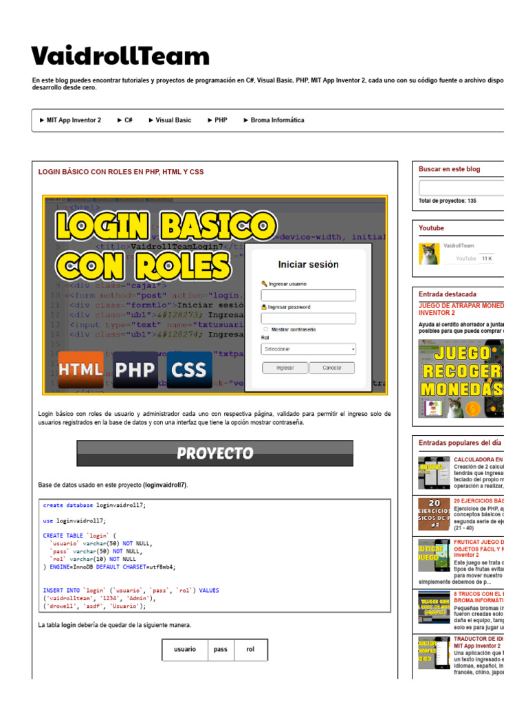 PHP y HTML - CSS - MYSQL - LOGIN BASICO CON ROLES - VaidrollTeam - + | PDF | Php | Mi sql