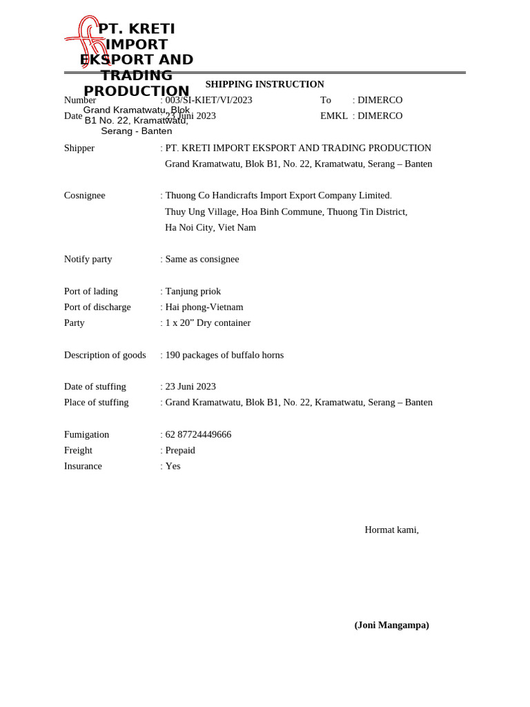 003 Kiet - Shipping Instruction Dimerco | PDF