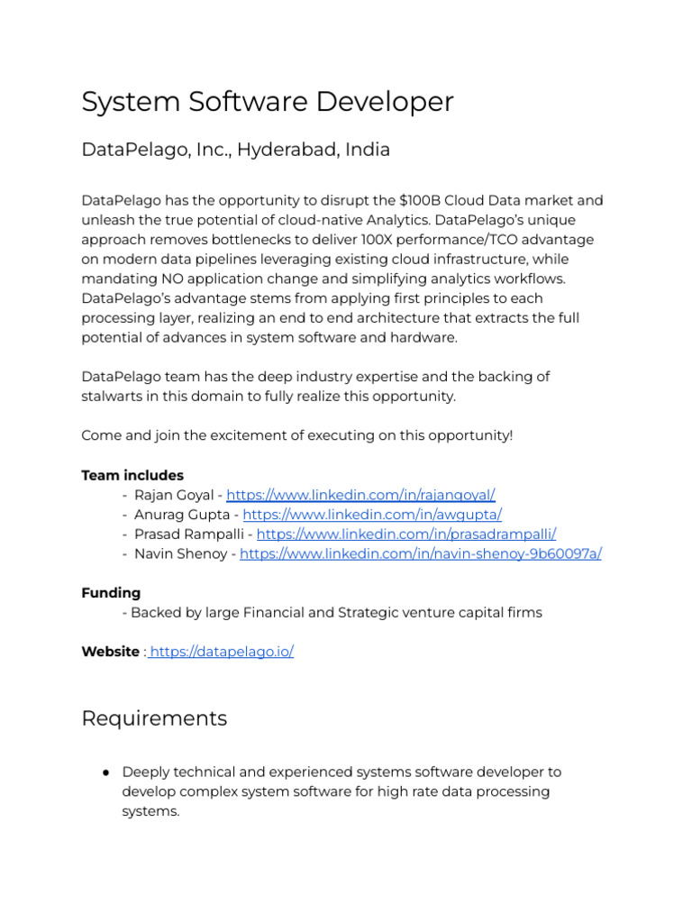 Datapelago - System Software Developer JD1 | PDF