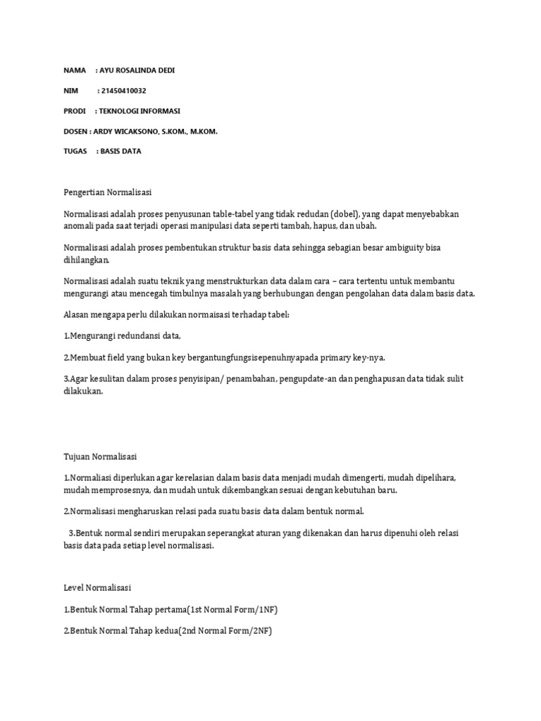 Tugas Basis Data Buat Langkah Langkah Normalisasi | PDF