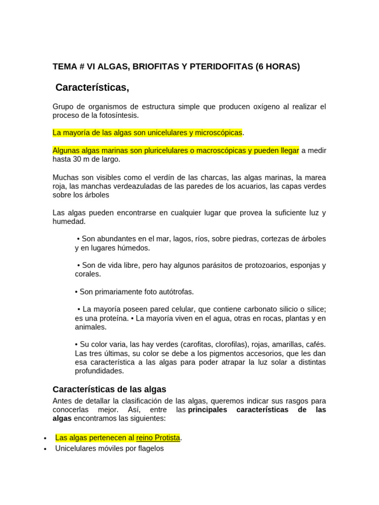 Tema # Vi Algas Briofitas Pteridiofitas | PDF | Algas | Plantas