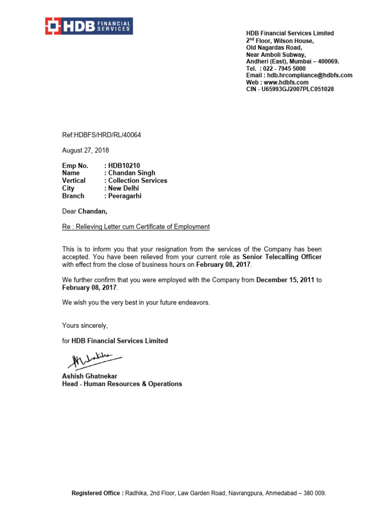 HDB Relieving Letter | PDF