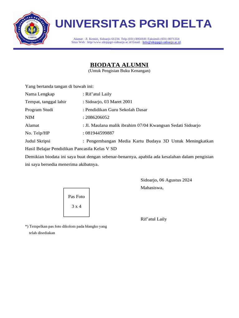 Form Biodata Alumni Riftul | PDF