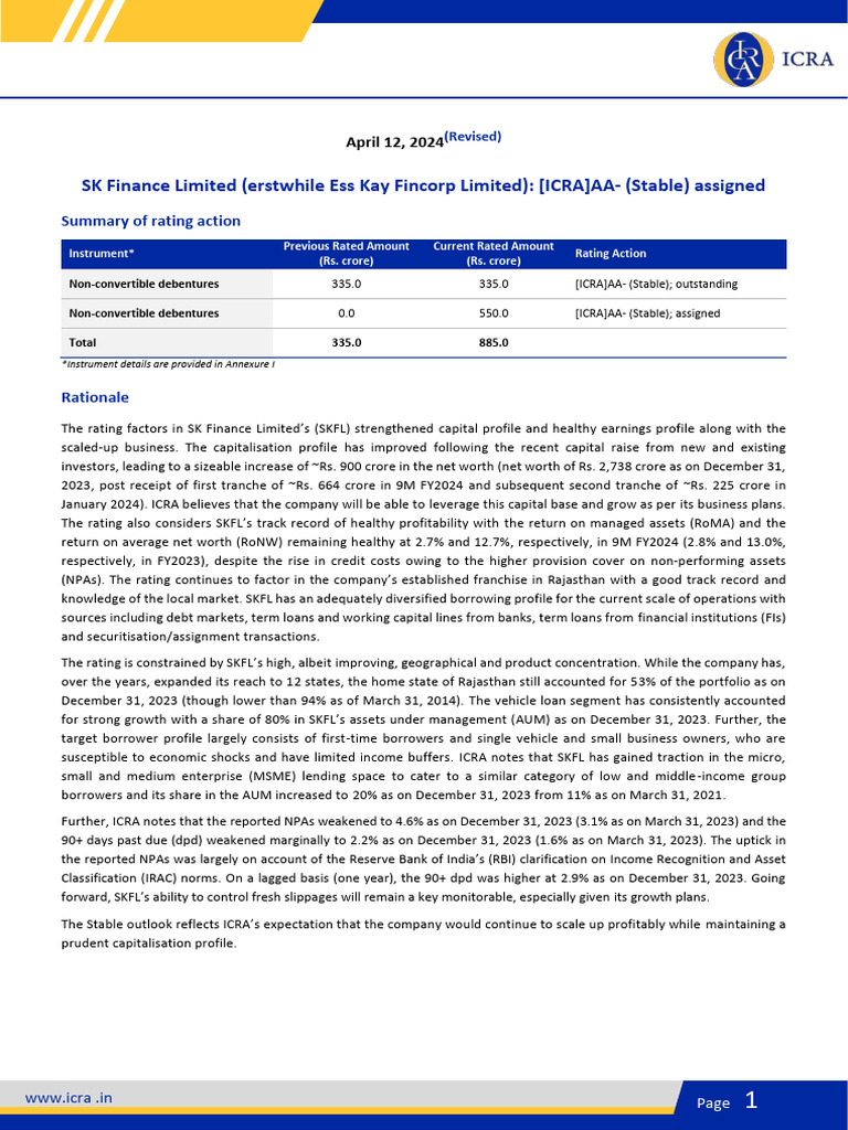SK Finance Limited (Erstwhile Ess Kay Fincorp Limited) | PDF | Credit ...
