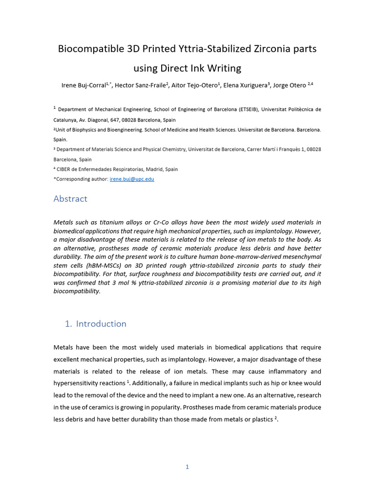 Biocompatible 3D Printed Yttria-Stabilized Zirconia Parts Using Direct ...
