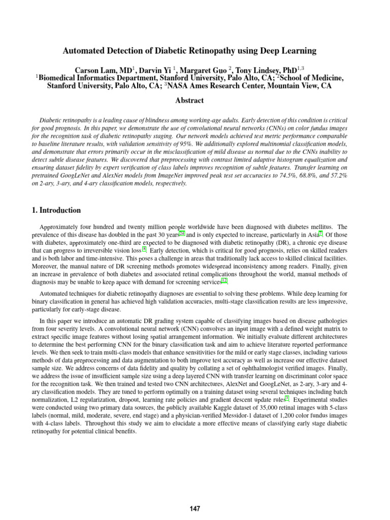 Automated Detection Of Diabetic Retinopathy Using Deep Learning Pdf