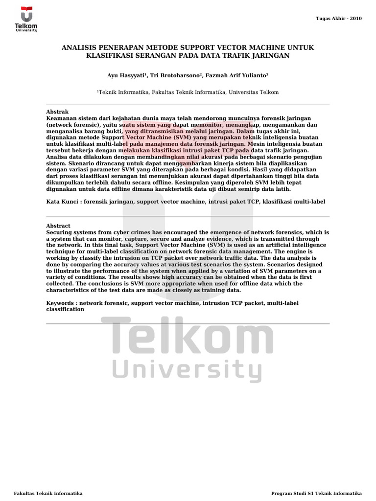 Analisis Penerapan Metode Support Vector Machine Untuk Klasifikasi Serangan Pada Data Trafik ...