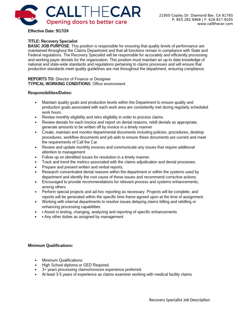 Recovery Specialist Job Overview | PDF | General Educational ...