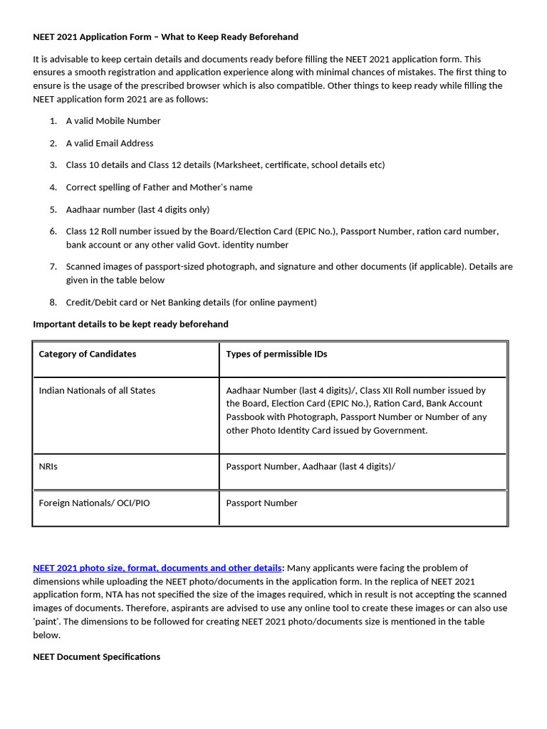 NEET 2021 Application Form | PDF | Identity Document