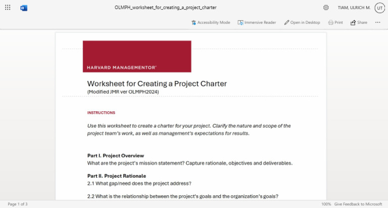 OLMPH Worksheet For Creating A Project Charter | PDF