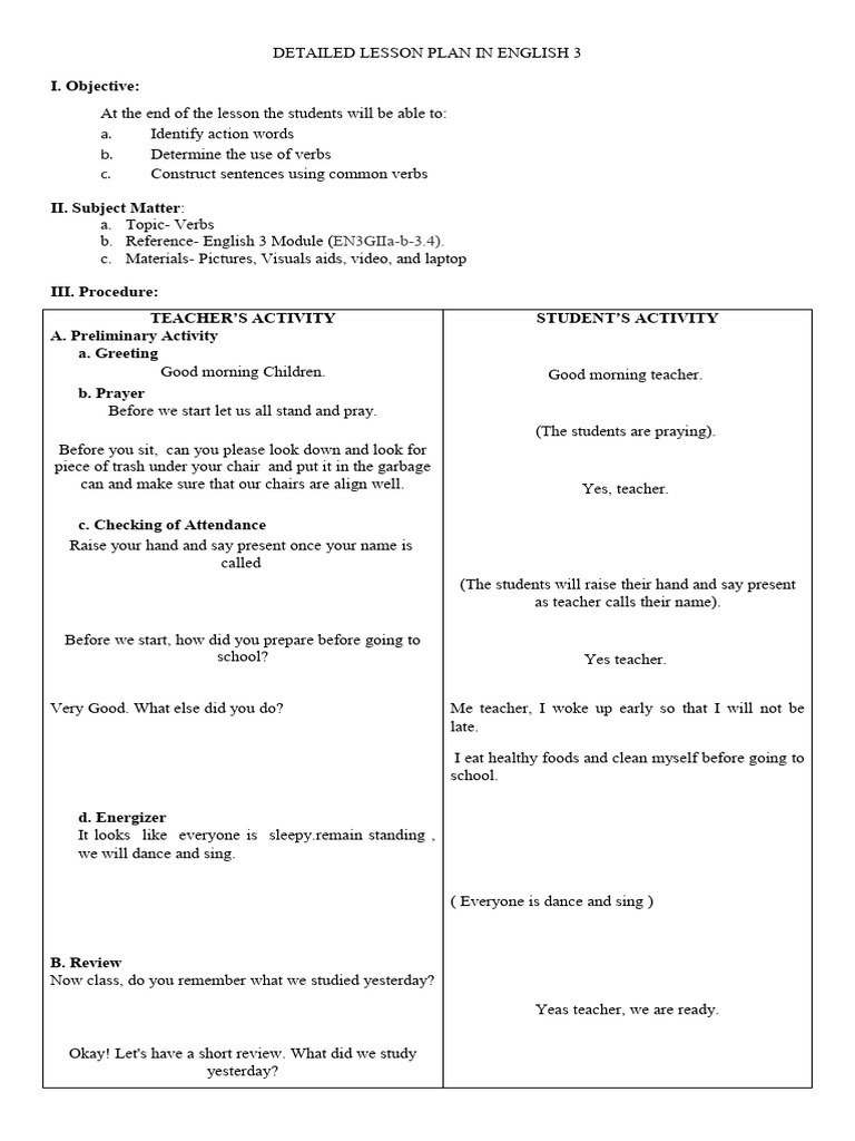 Detailed Lesson Plan in English 3 | PDF | Verb | Subject (Grammar)