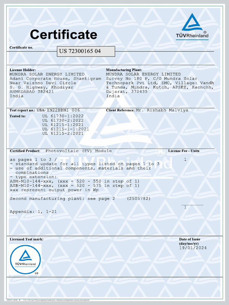 Adani Asm m10 520 550 & Asb m10 520 575 Certificate | PDF
