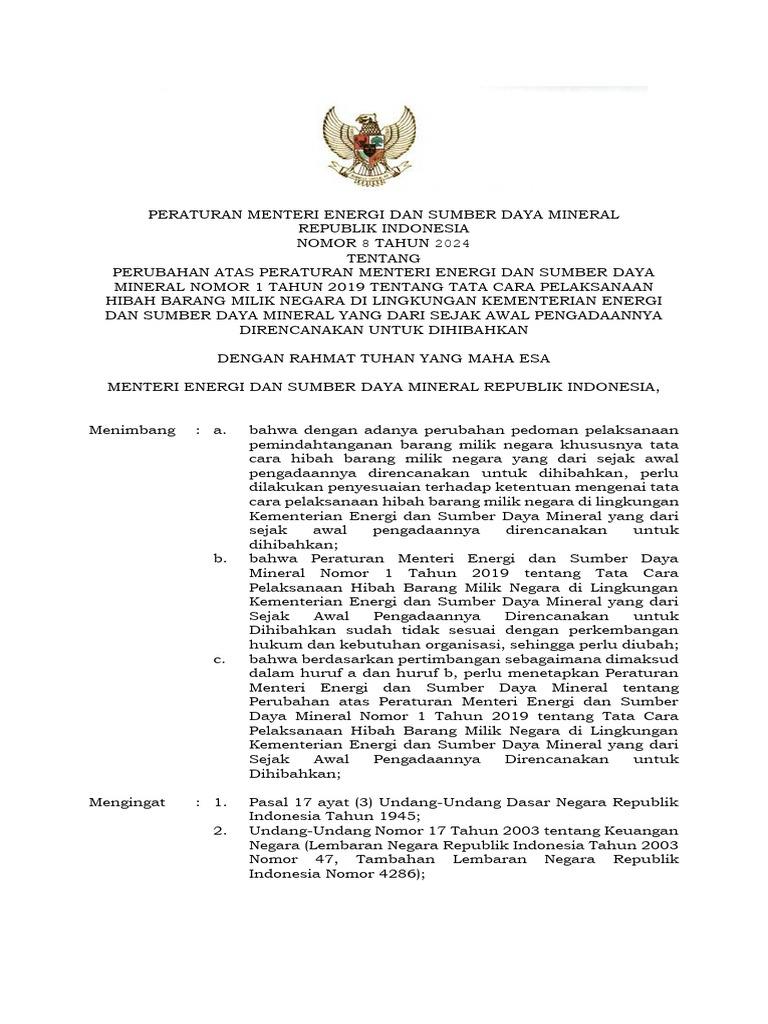 Permen ESDM 8-2024 Perubahan Permen ESDM 1-2019 Tata Cara Pelaksanaan Hibah 526 BMN KESDM | PDF